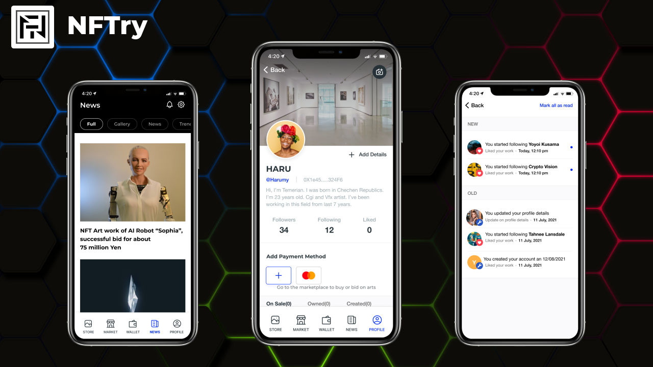 NFTry - NFT Marketplace app | NFT buying selling App | UI Kit | Android, iOS Compatible by techlyft1